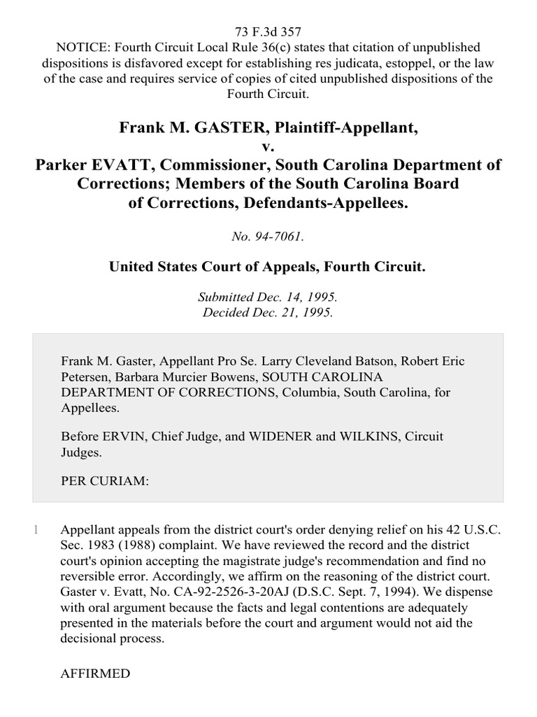 Frank M. Gaster v. Parker Evatt, Commissioner, South Carolina ...