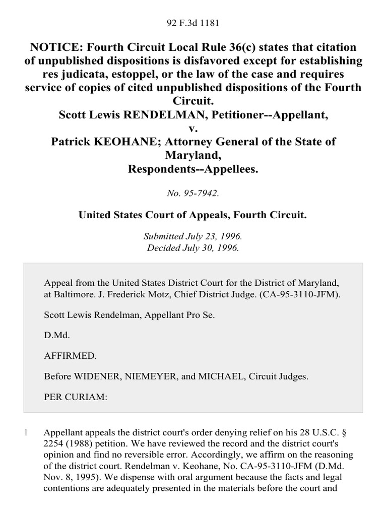 Scott Lewis Rendelman v. Patrick Keohane Attorney General of The State ...