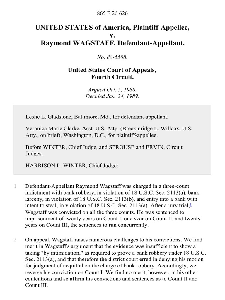 United States v. Raymond Wagstaff, 865 F.2d 626, 4th Cir. (1989) | PDF ...