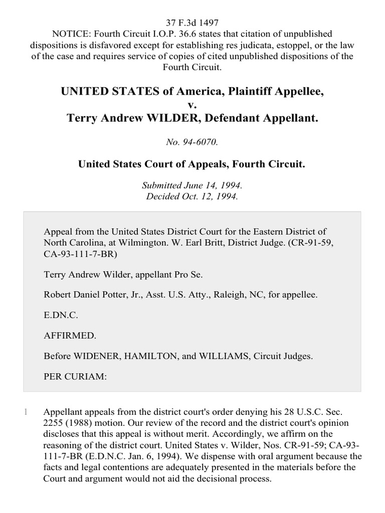 Fourth Circuit Affirms Wilder Appeal | PDF | Law