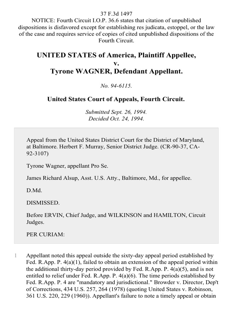 United States v. Tyrone Wagner, 37 F.3d 1497, 4th Cir. (1994) | PDF | Law