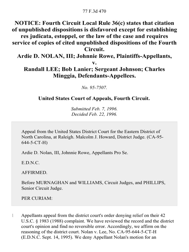 Ardie D. Nolan, III Johnnie Rowe v. Randall Lee Bob Lanier Sergeant ...