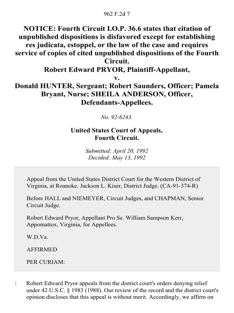 Robert Edward Pryor v. Donald Hunter, Sergeant Robert Saunders, Officer ...