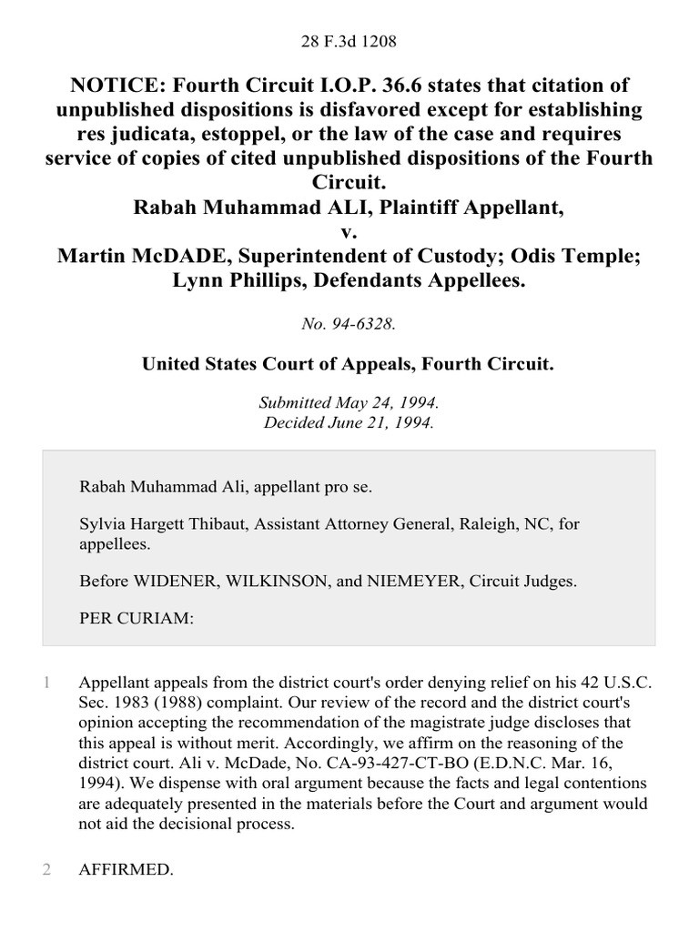 Rabah Muhammad Ali v. Martin McDade Superintendent of Custody Odis Temple Lynn Phillips, 28 F.3d ...