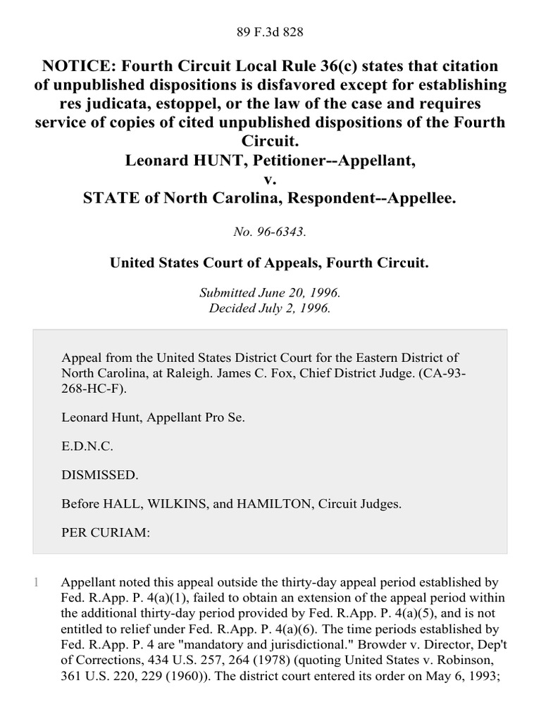 Leonard Hunt v. State of North Carolina, 89 F.3d 828, 4th Cir. (1996) | PDF