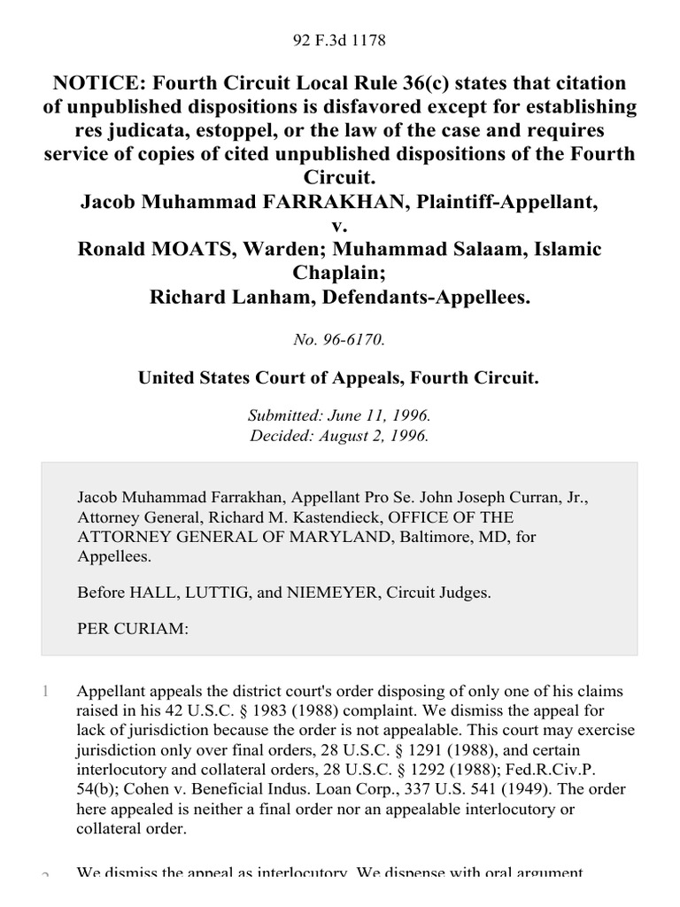 Jacob Muhammad Farrakhan v. Ronald Moats, Warden Muhammad Salaam ...