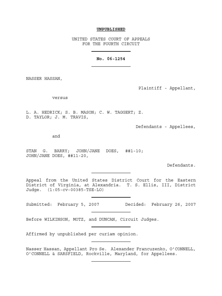 Hassan v. Hedrick, 4th Cir. (2007) | PDF | Politics | Law
