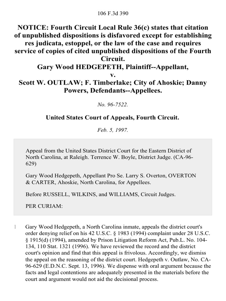 Gary Wood Hedgepeth v. Scott W. Outlaw F. Timberlake City of Ahoskie ...
