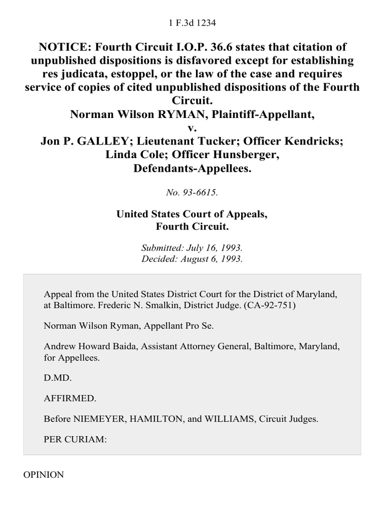 Norman Wilson Ryman v. Jon P. Galley Lieutenant Tucker Officer ...