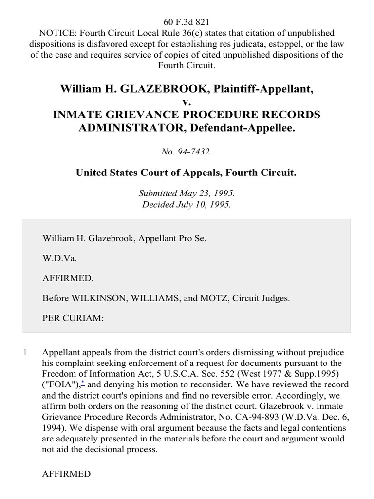 William H. Glazebrook v. Inmate Grievance Procedure Records ...