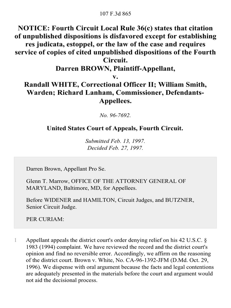Darren Brown v. Randall White, Correctional Officer II William Smith ...