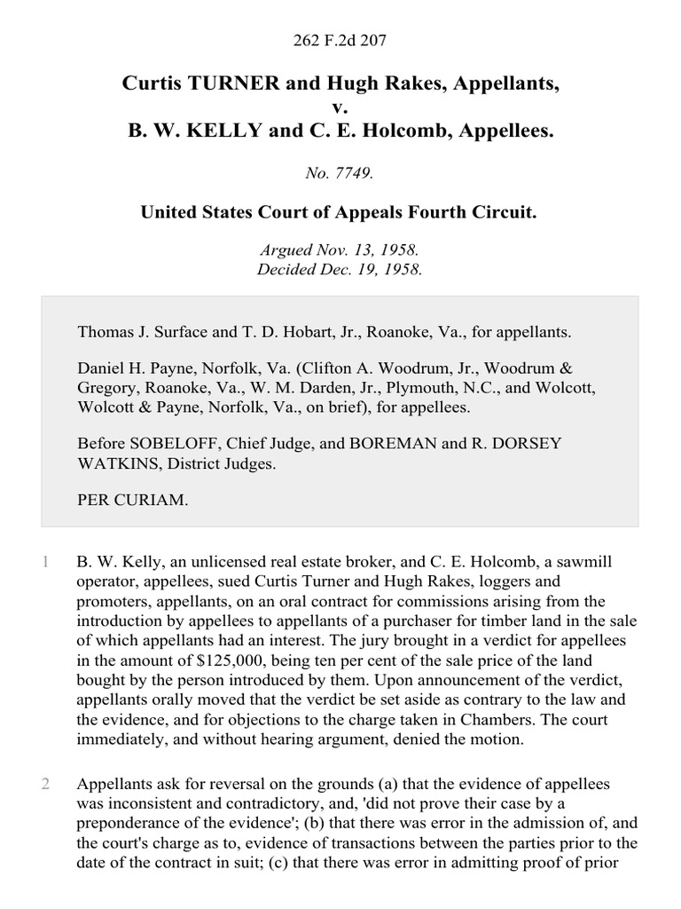 Curtis Turner and Hugh Rakes v. B. W. Kelly and C. E. Holcomb, 262 F.2d ...