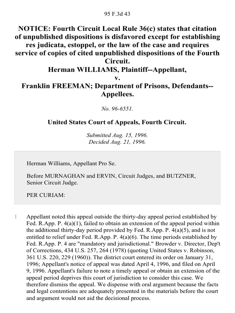 Herman Williams v. Franklin Freeman Department of Prisons, 95 F.3d 43 ...