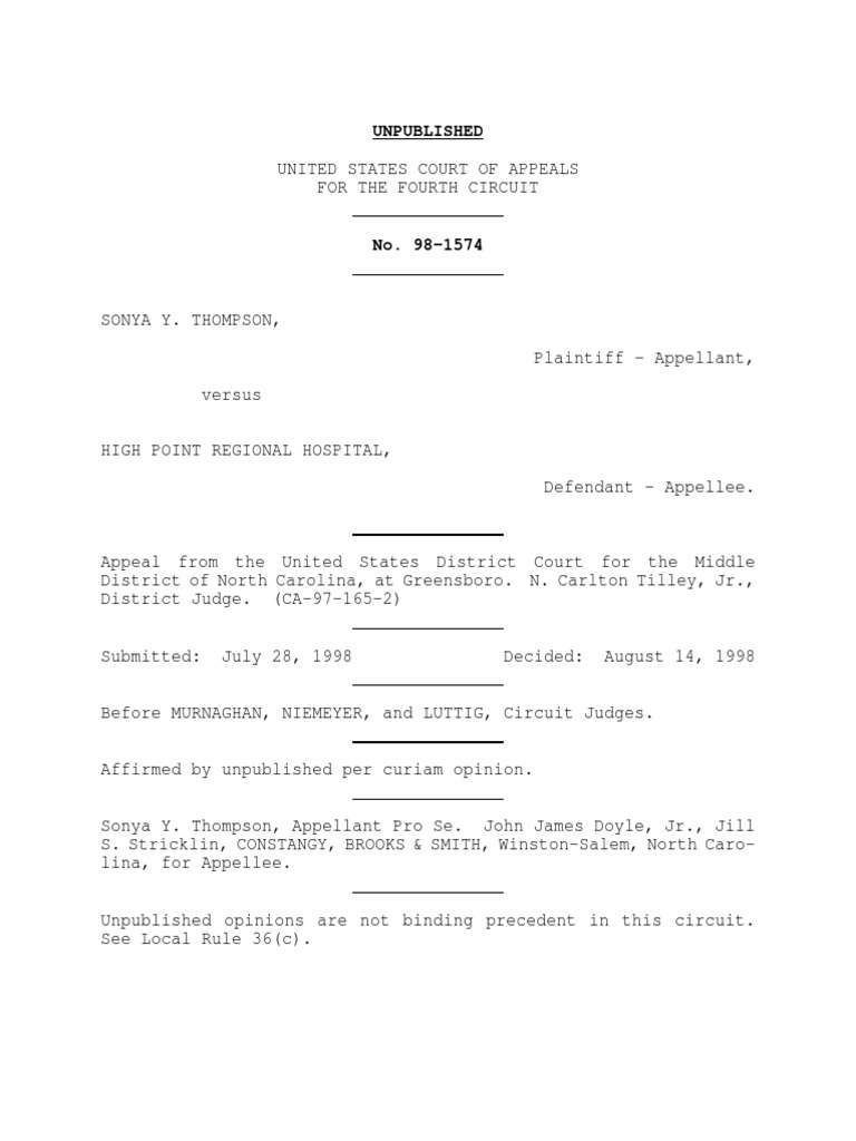 Thompson v. High Point Regional, 4th Cir. (1998) | PDF