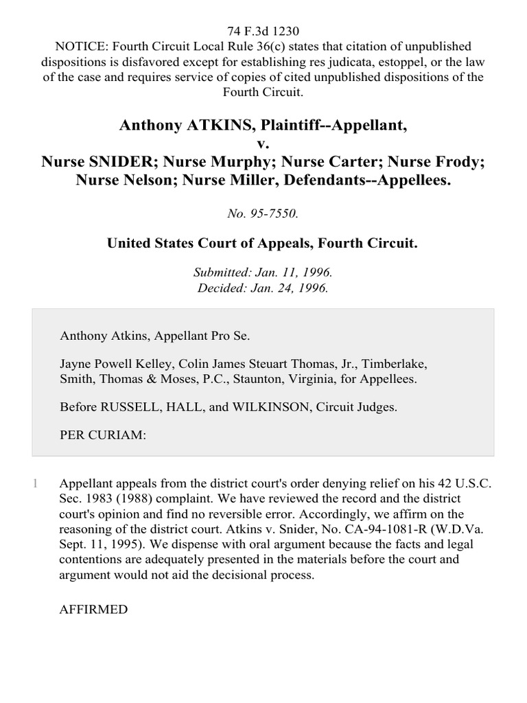 Anthony Atkins v. Nurse Snider Nurse Murphy Nurse Carter Nurse Frody ...