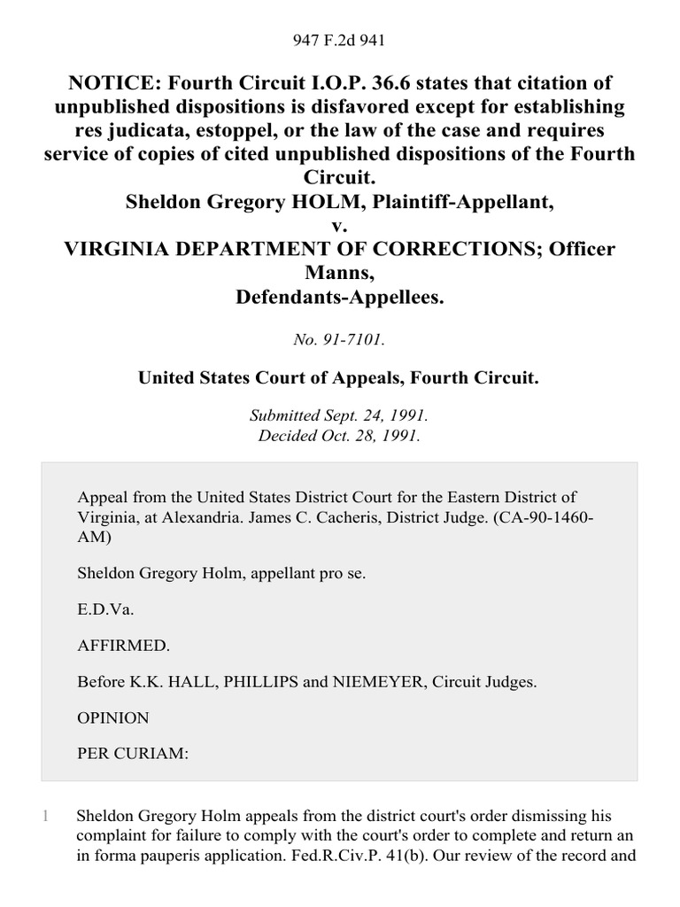 Sheldon Gregory Holm v. Virginia Department of Corrections Officer ...