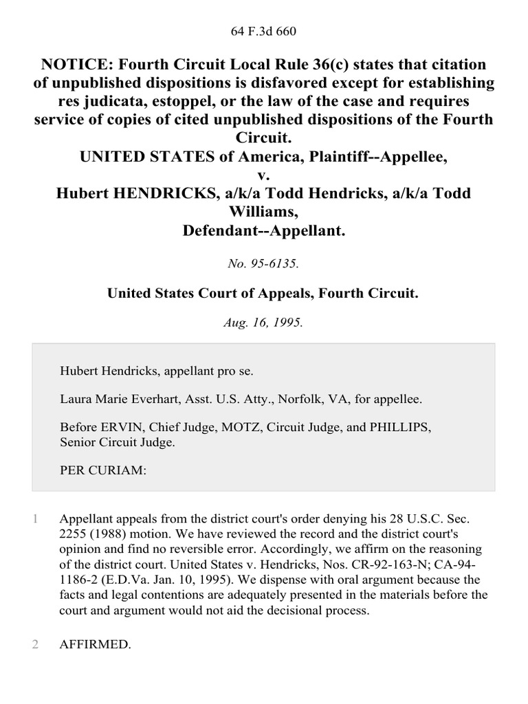 United States v. Hubert Hendricks, A/K/A Todd Hendricks, A/K/A Todd ...