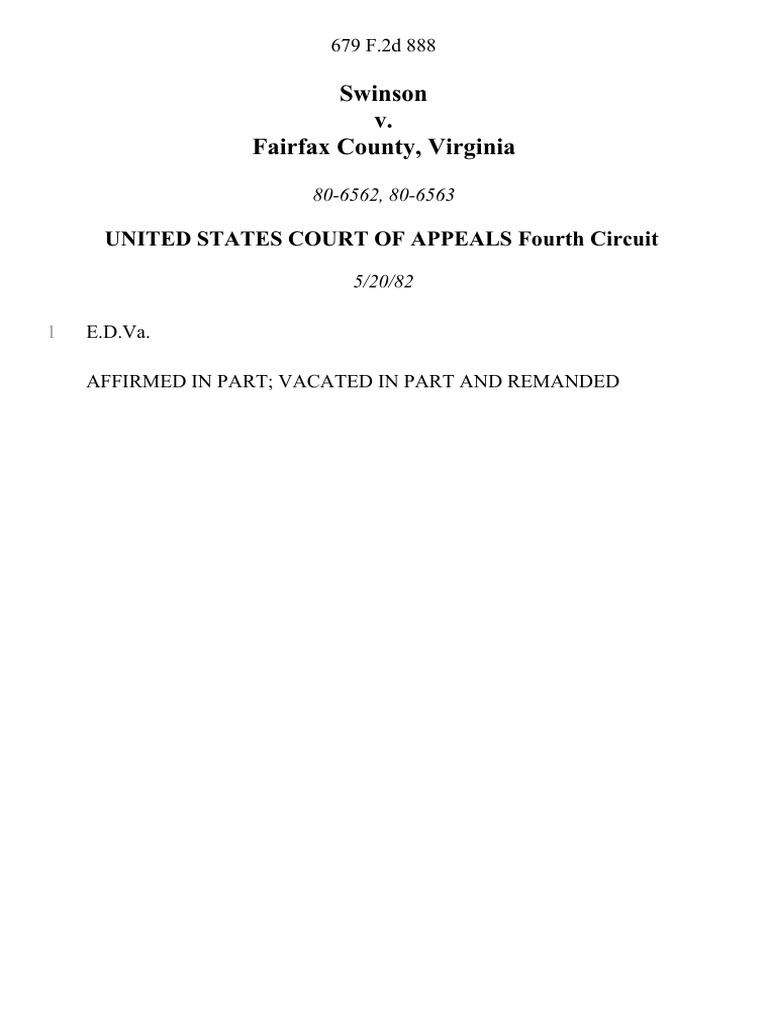 Swinson v. Fairfax County, Virginia, 679 F.2d 888, 4th Cir. (1982) | PDF