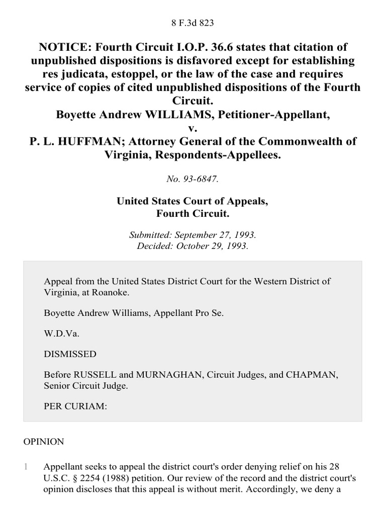 Boyette Andrew Williams v. P. L. Huffman Attorney General of The ...