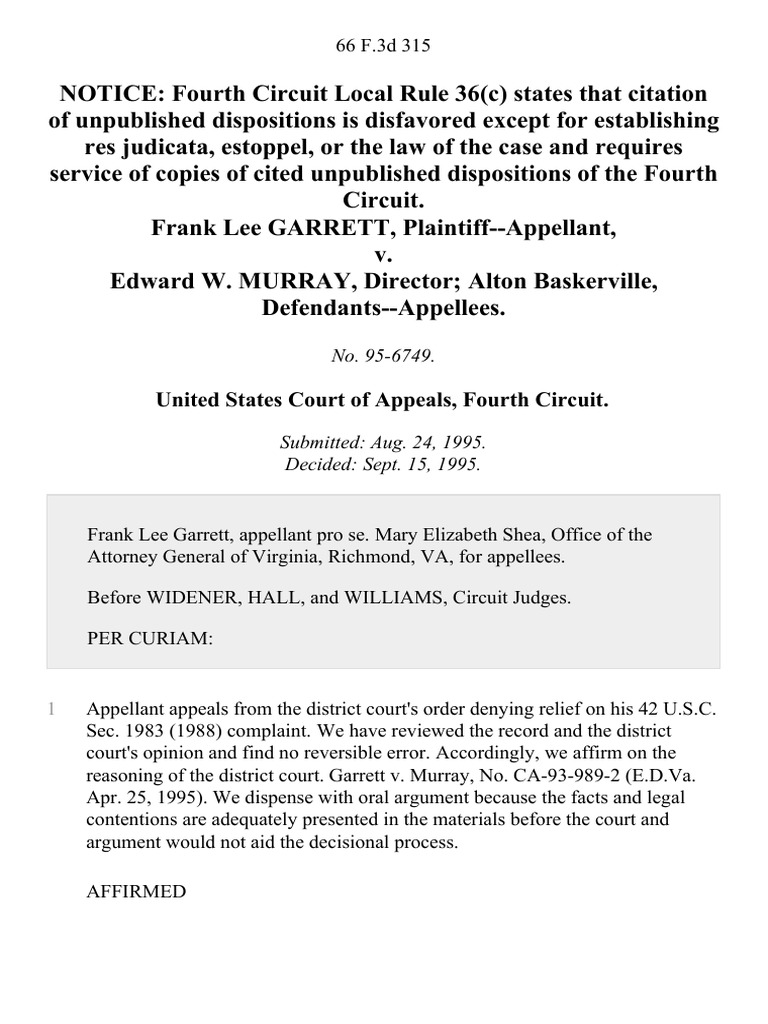 Frank Lee Garrett v. Edward W. Murray, Director Alton Baskerville, 66 F ...