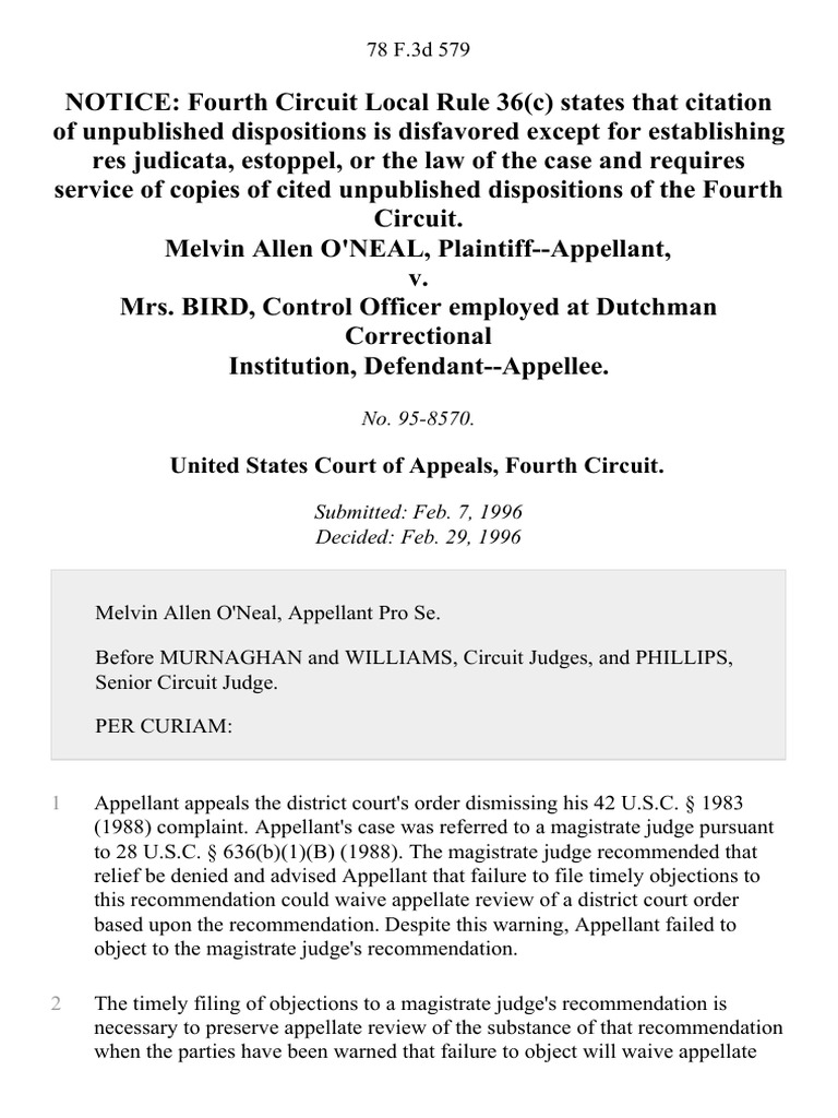 Melvin Allen O'Neal v. Mrs. Bird, Control Officer Employed at Dutchman ...