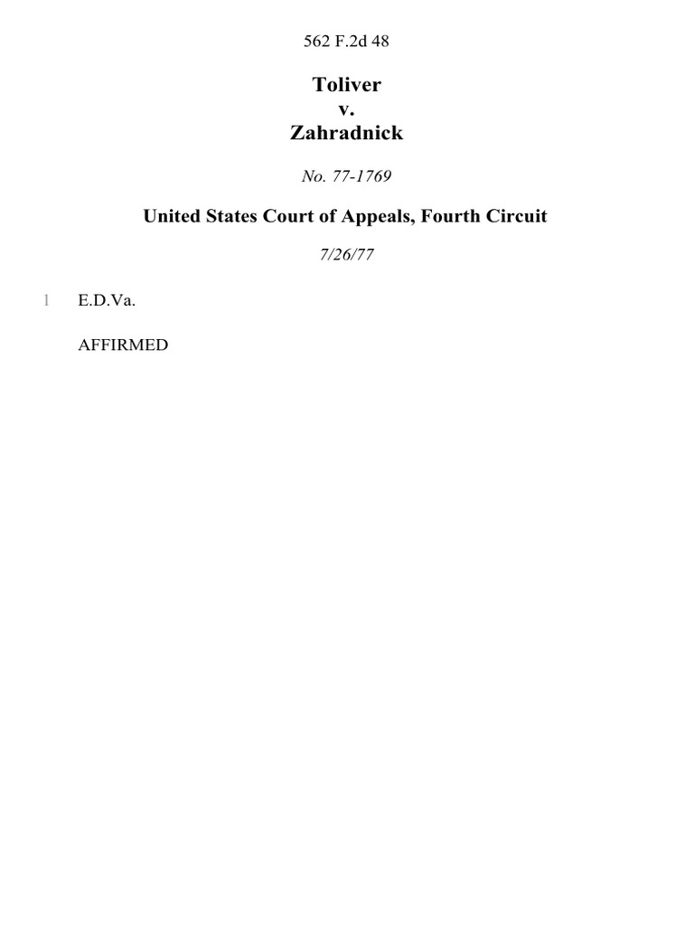 Toliver v. Zahradnick, 562 F.2d 48, 4th Cir. (1977) | PDF
