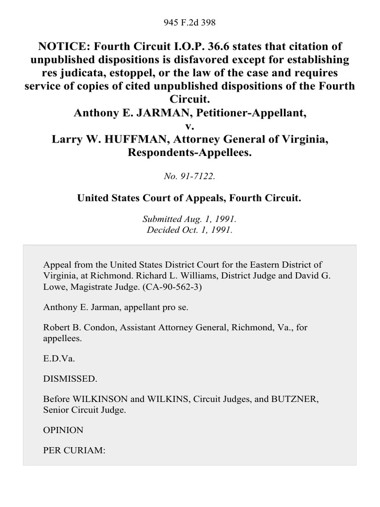 Anthony E. Jarman v. Larry W. Huffman, Attorney General of Virginia ...