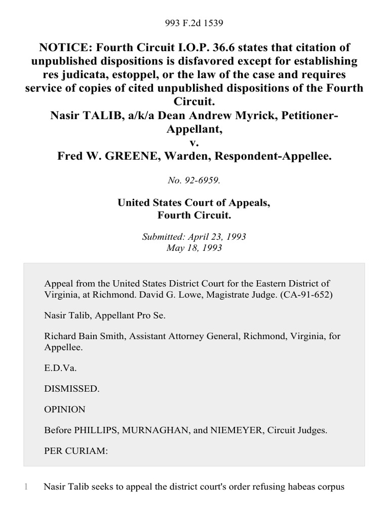Talib v. Greene Appeal Dismissal | PDF | Law
