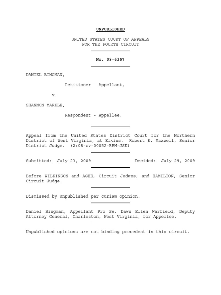 Bingman v. Markle, 4th Cir. (2009) | PDF