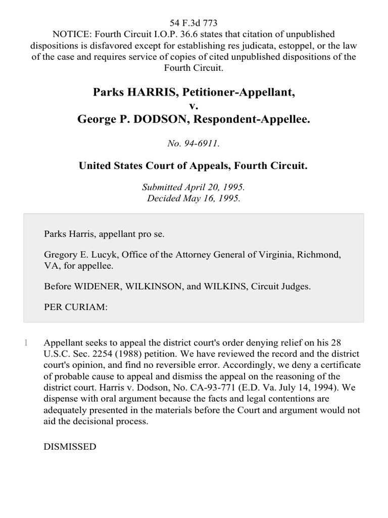 Harris v. Dodson Appeal Dismissed | PDF | Politics | Social Science