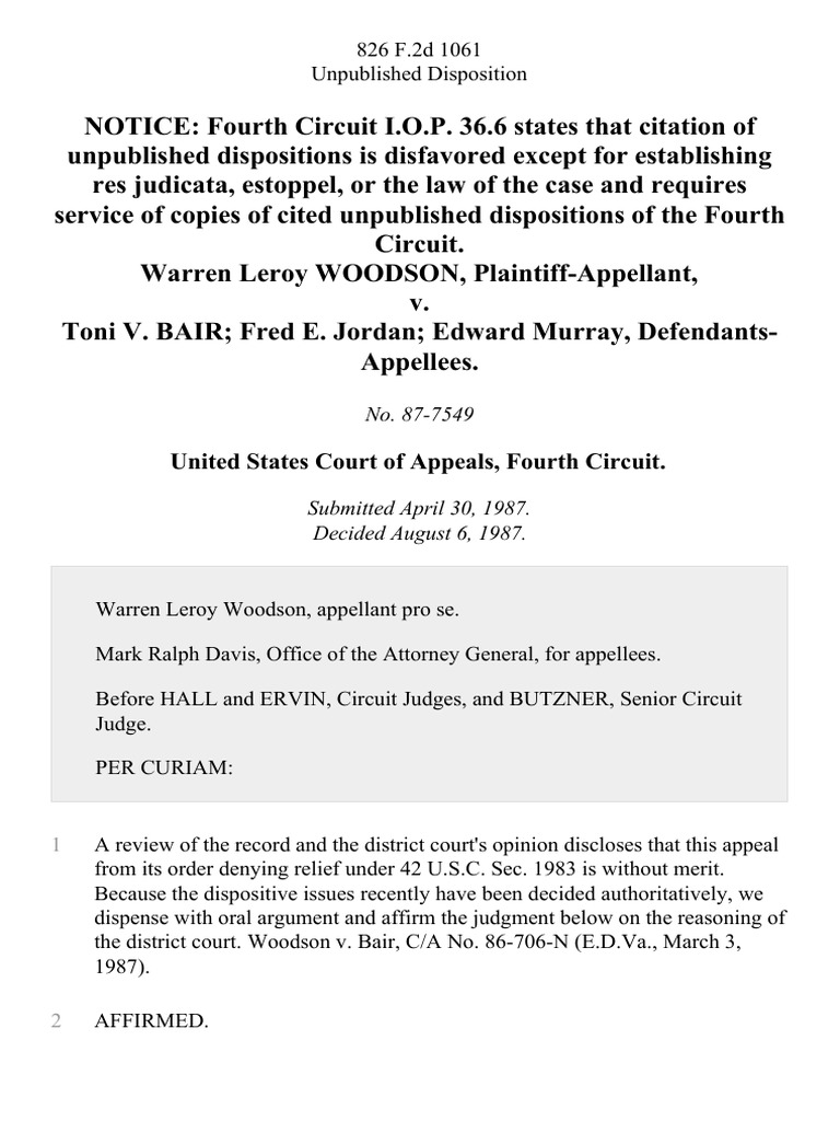 Warren Leroy Woodson v. Toni v. Bair Fred E. Jordan Edward Murray, 826 ...