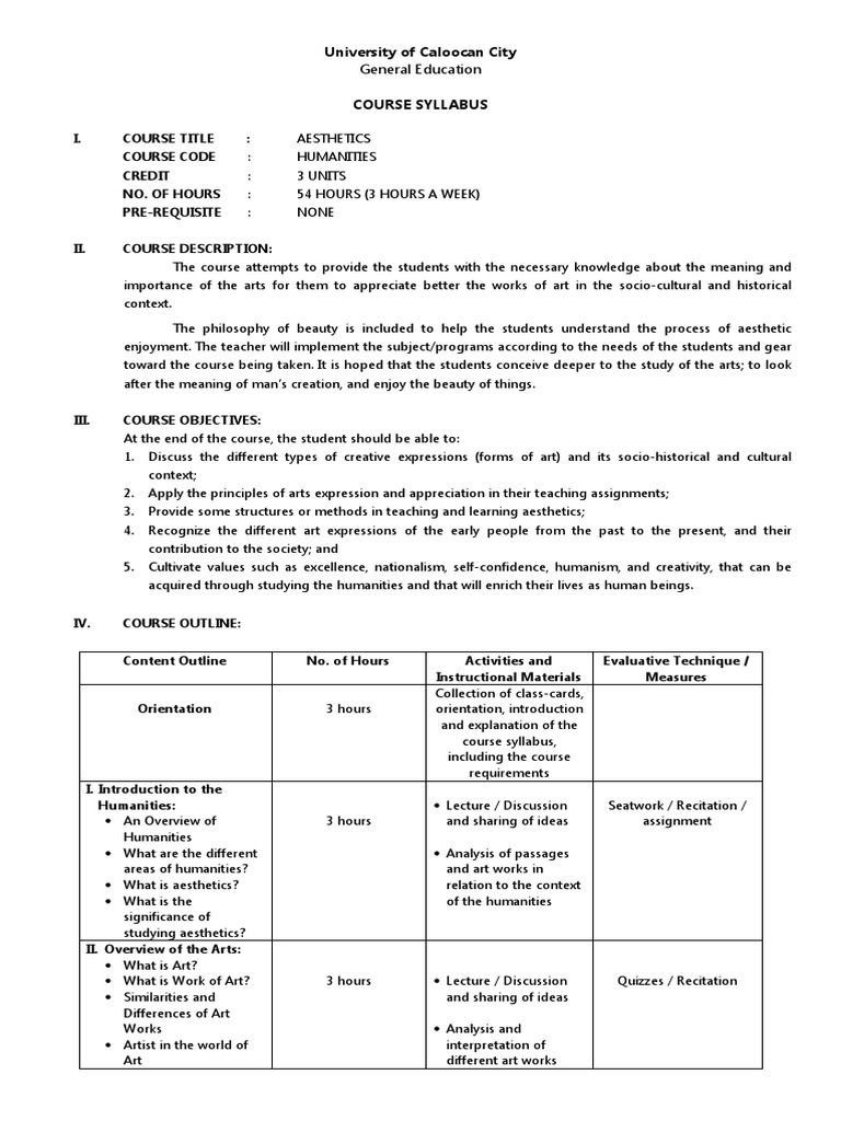 Hum 001 Syllabus | PDF | Paintings | Humanities
