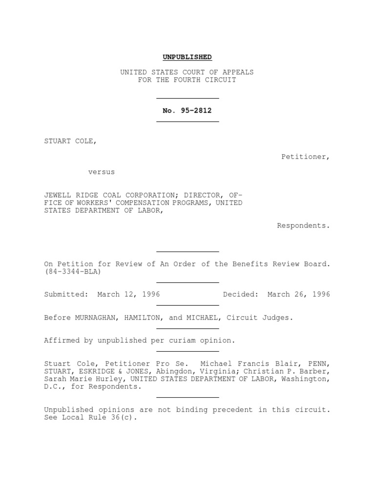 Cole v. Jewell Ridge Coal, 4th Cir. (1996) | PDF | Politics | Social ...