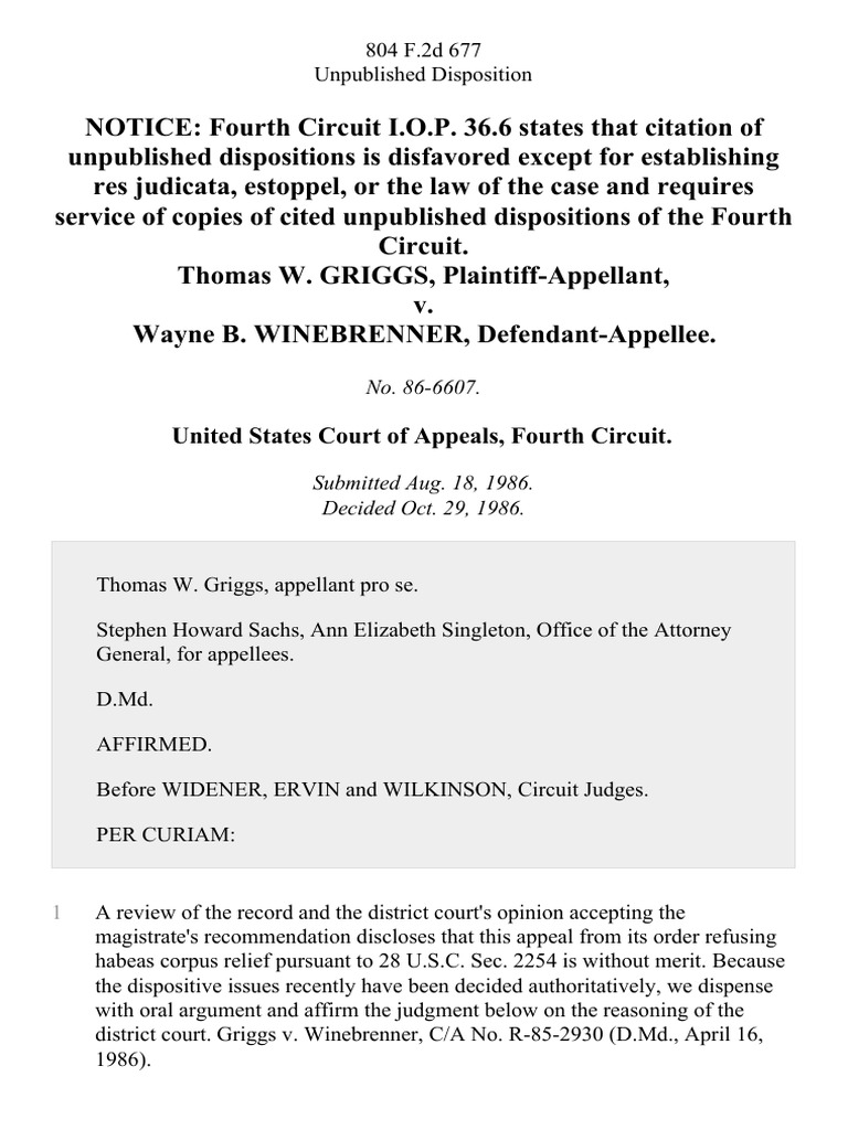 Thomas W. Griggs v. Wayne B. Winebrenner, 804 F.2d 677, 4th Cir. (1986 ...