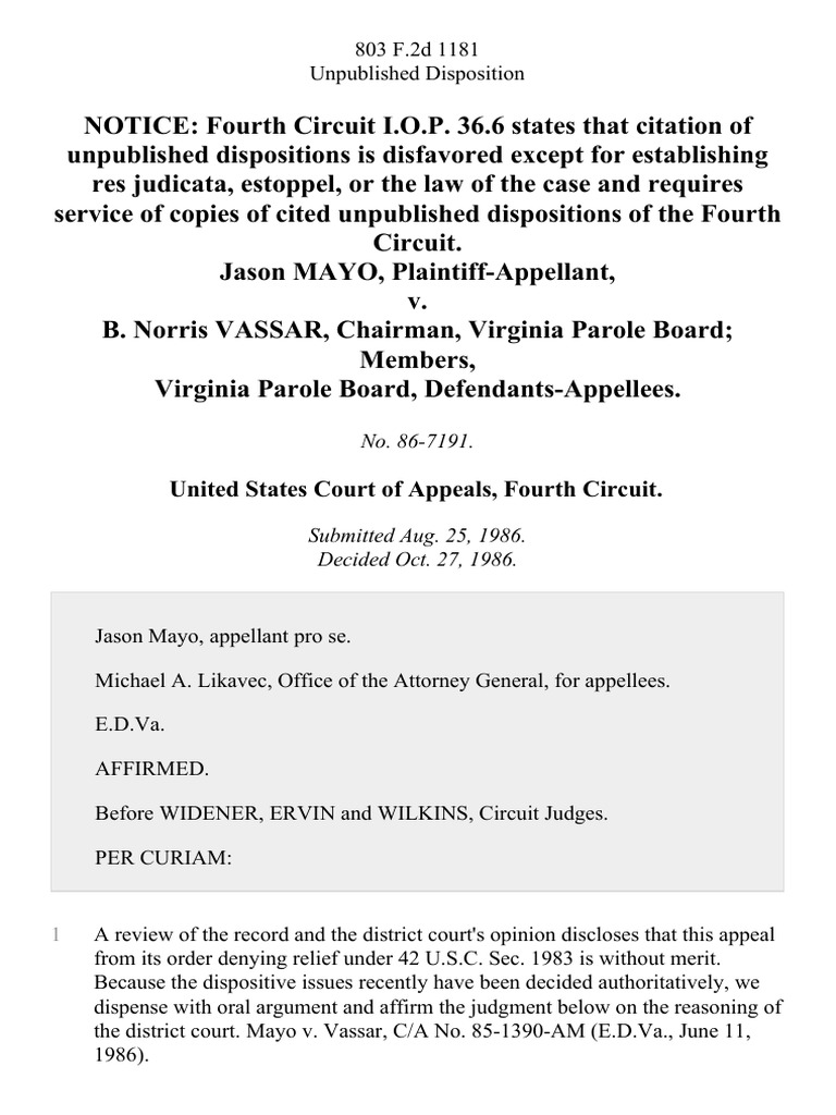 Jason Mayo v. B. Norris Vassar, Chairman, Virginia Parole Board Members ...