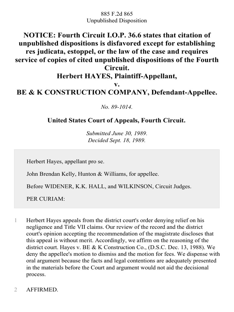 Herbert Hayes v. Be & K Construction Company, 885 F.2d 865, 4th Cir ...