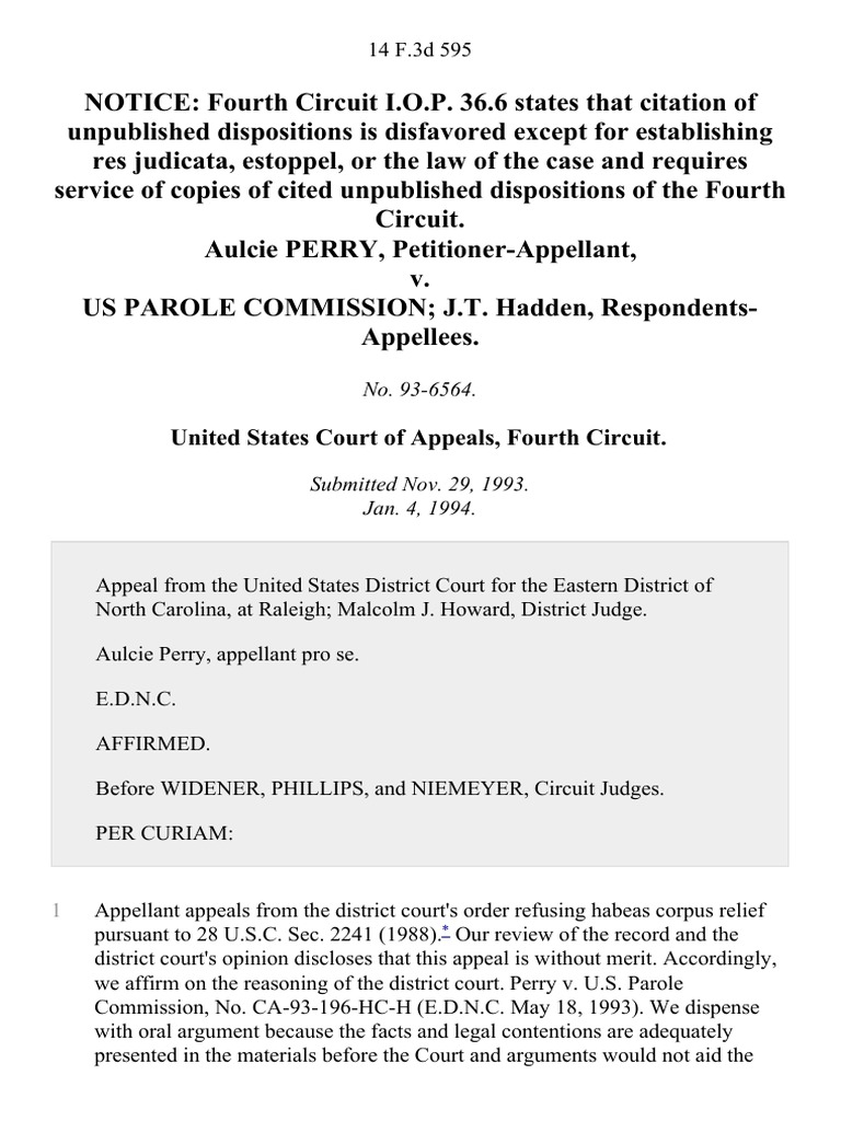 Aulcie Perry v. Us Parole Commission J.T. Hadden, 14 F.3d 595, 4th Cir ...