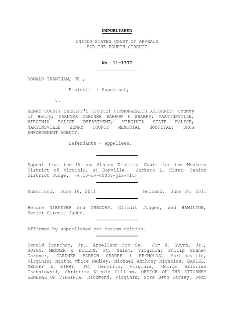 Donald Trantham, Jr. v. Henry County Sheriff's Office, 4th Cir. (2011 ...