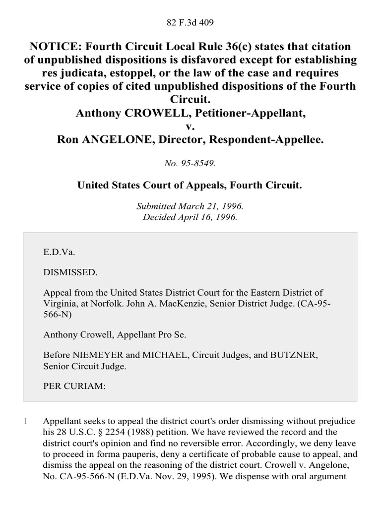Anthony Crowell v. Ron Angelone, Director, 82 F.3d 409, 4th Cir. (1996 ...