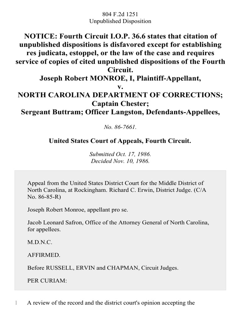 Joseph Robert Monroe, I v. North Carolina Department of Corrections ...
