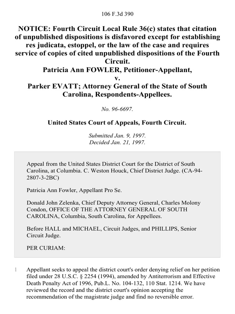 Patricia Ann Fowler v. Parker Evatt Attorney General of The State of ...