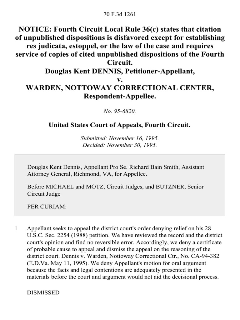 Douglas Kent Dennis v. Warden, Nottoway Correctional Center, 70 F.3d ...