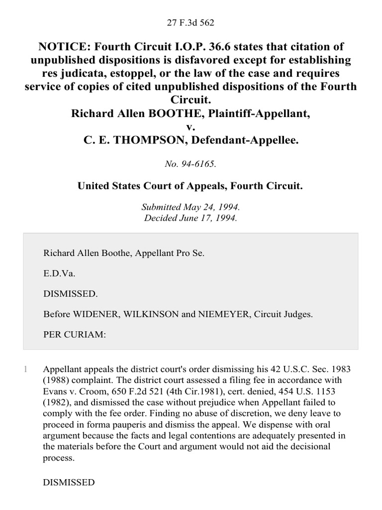 Boothe v. Thompson: Appeal Dismissed | PDF | Politics | Social Science