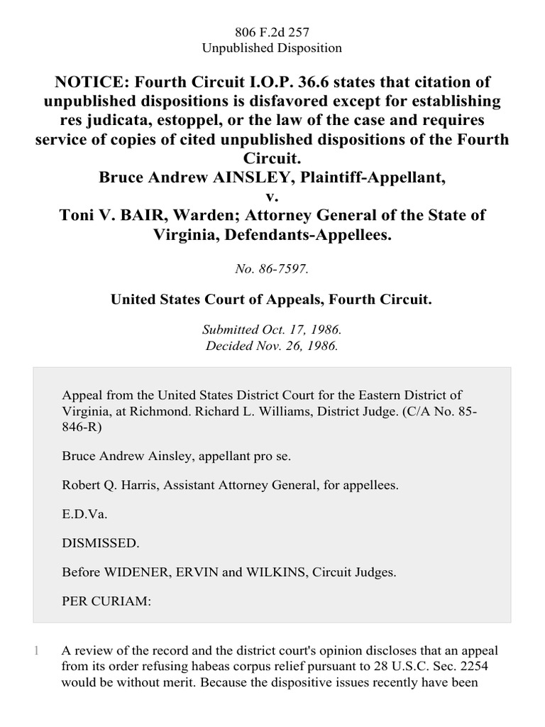 Bruce Andrew Ainsley v. Toni v. Bair, Warden Attorney General of The ...