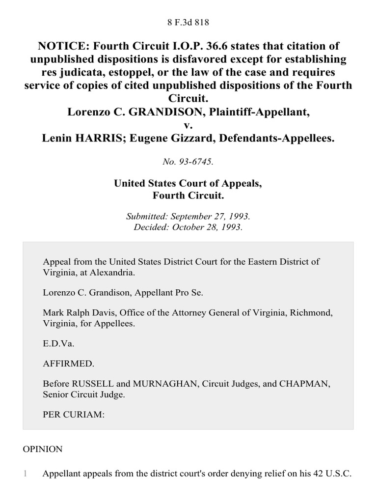 Lorenzo C. Grandison v. Lenin Harris Eugene Gizzard, 8 F.3d 818, 4th ...