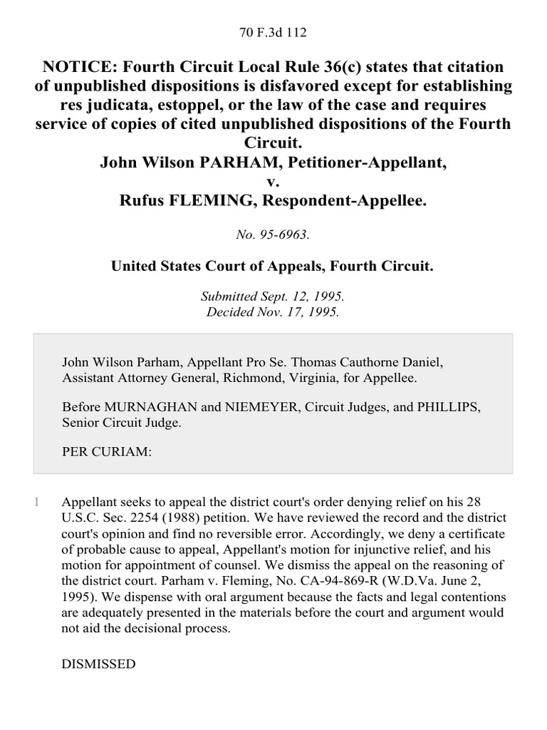 John Wilson Parham v. Rufus Fleming, 70 F.3d 112, 4th Cir. (1995) | PDF
