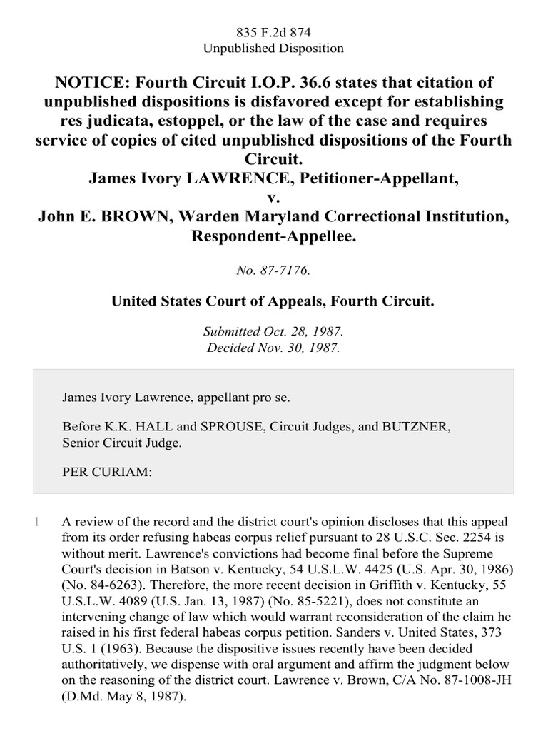 James Ivory Lawrence v. John E. Brown, Warden Maryland Correctional ...