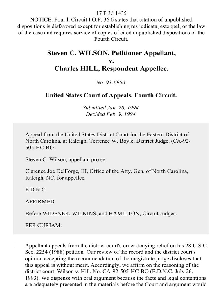Steven C. Wilson v. Charles Hill, 17 F.3d 1435, 4th Cir. (1994) | PDF