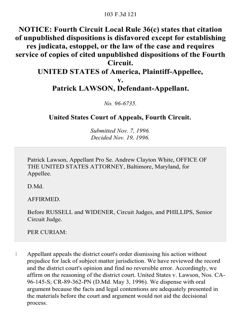 United States v. Patrick Lawson, 103 F.3d 121, 4th Cir. (1996) | PDF