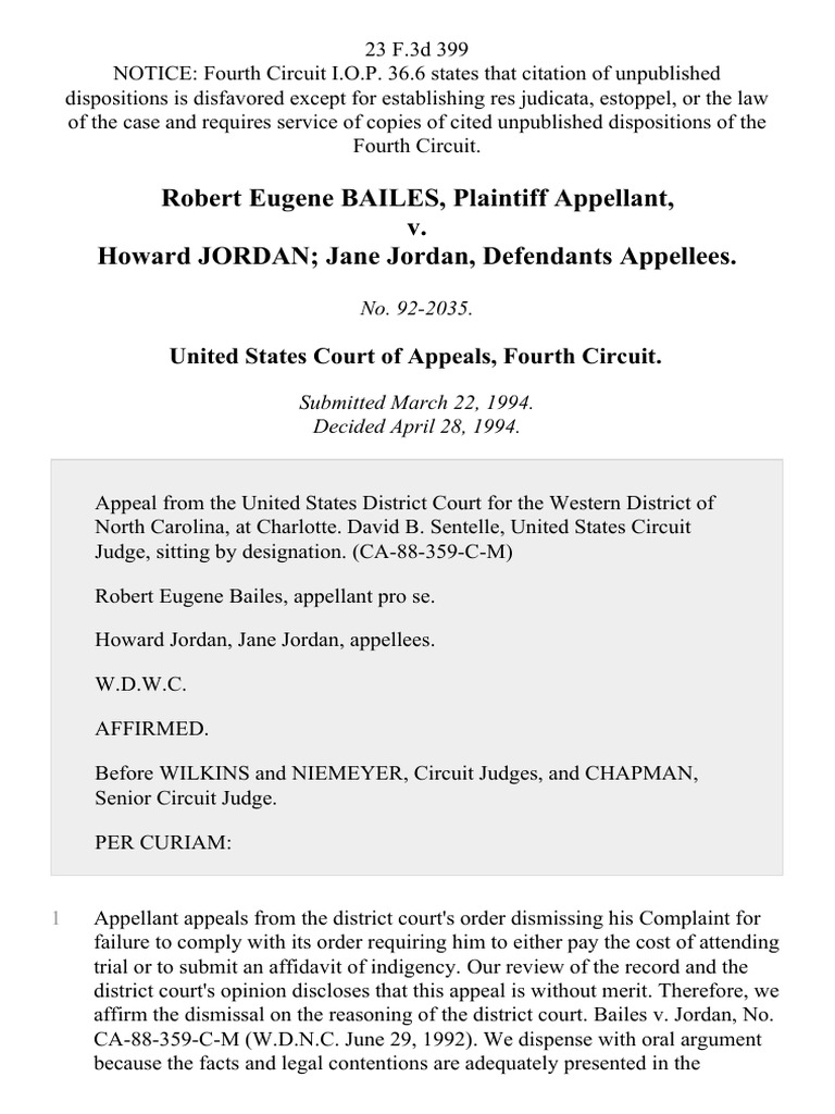 Robert Eugene Bailes v. Howard Jordan Jane Jordan, 23 F.3d 399, 4th Cir ...